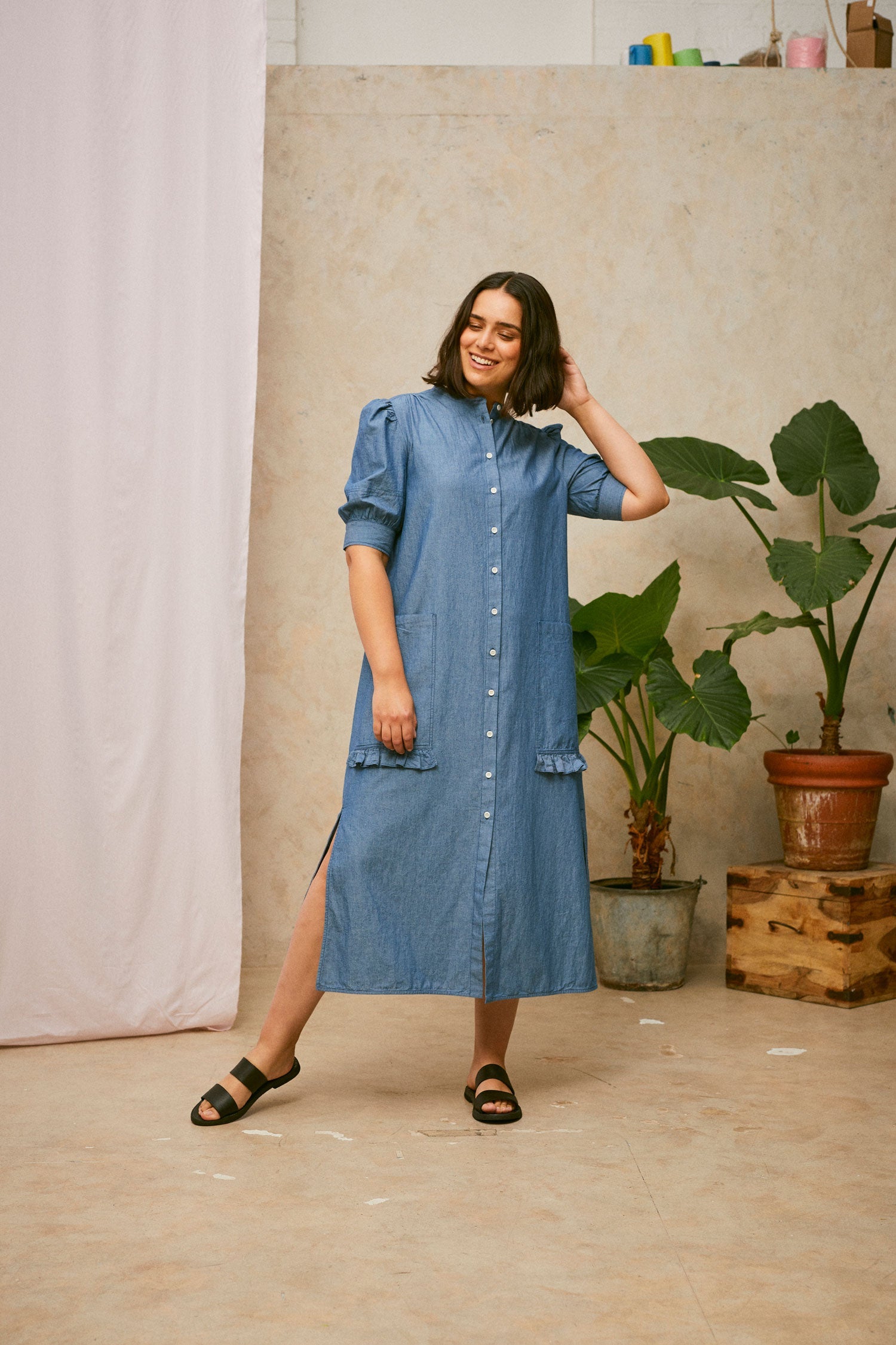 Rosa Puff Sleeve Shirtdress, Blue Light Wash Japanese Denim – Comhla