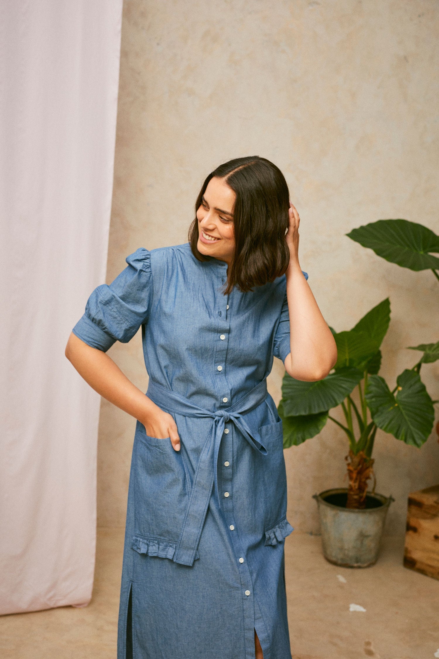 Rosa Puff Sleeve Shirtdress, Blue Light Wash Japanese Denim – Comhla