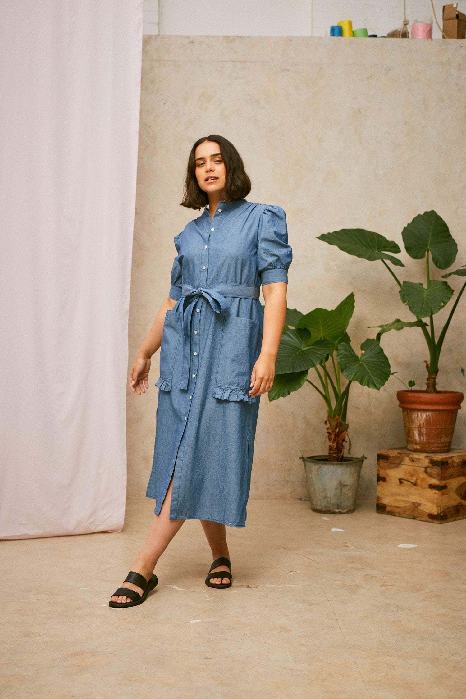 Rosa Puff Sleeve Shirtdress, Blue Light Wash Japanese Denim – Comhla